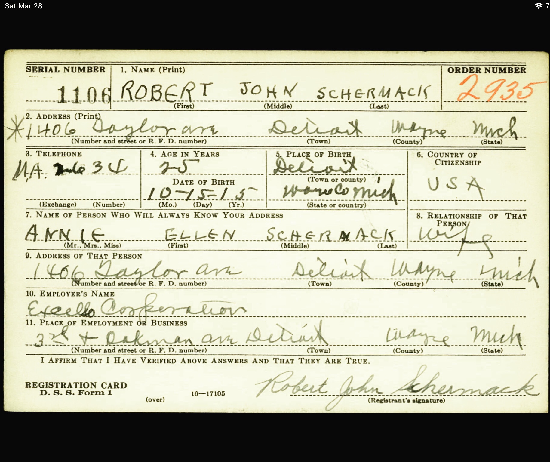 Robert John Schermack, WW2 Draft Registration – Falkner/Jarrell Family ...